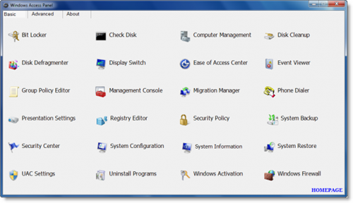 Windows Access Panel – Simplified control panel for Windows Vista and 7
